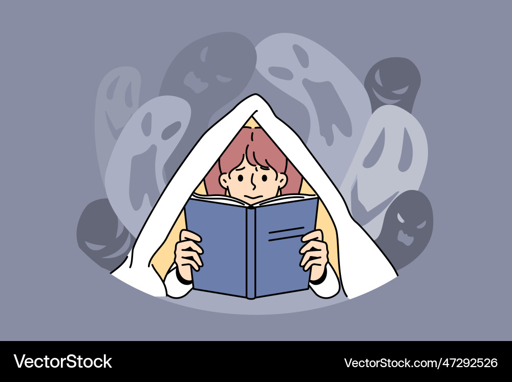 Scared girl terrified reading scary book Vector Image