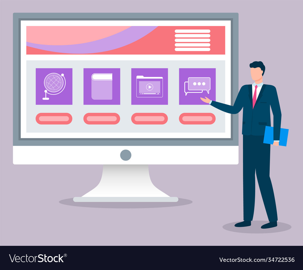 Businessman stand near computer monitor website Vector Image
