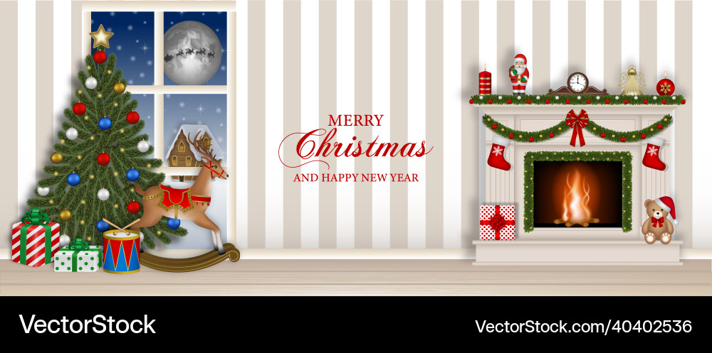 Merry christmas banner with fireplace Royalty Free Vector