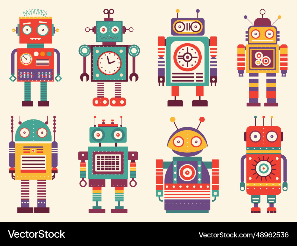 Retro robots and space mechanical toys set Vector Image