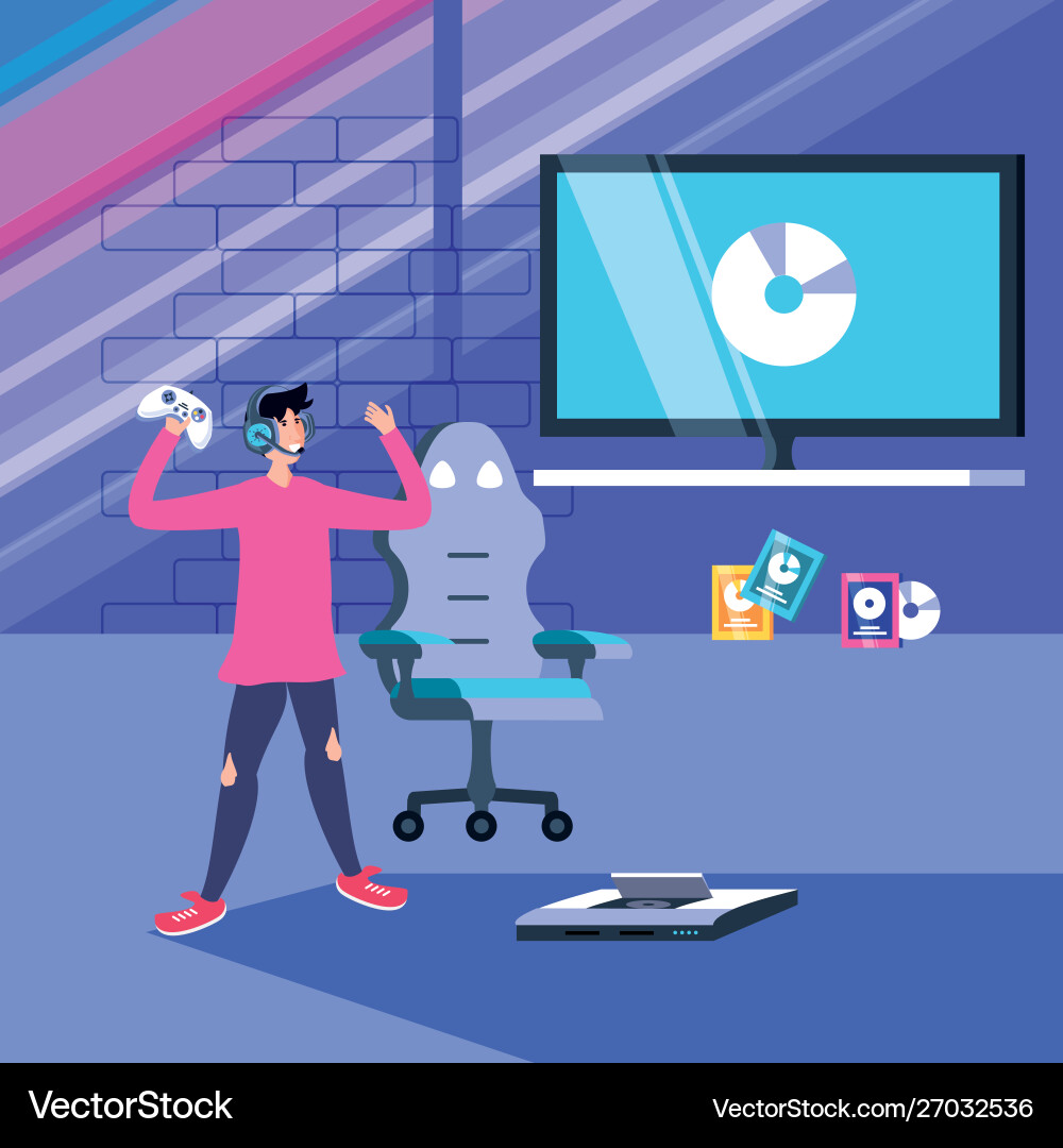 Young man playing video game entertainment Vector Image