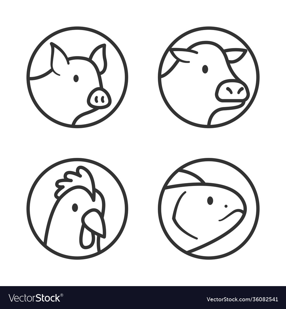 Farm animal outline icon set pig cow chicken fish Vector Image Farm animal outline icon set pig cow chicken fish Vector Image