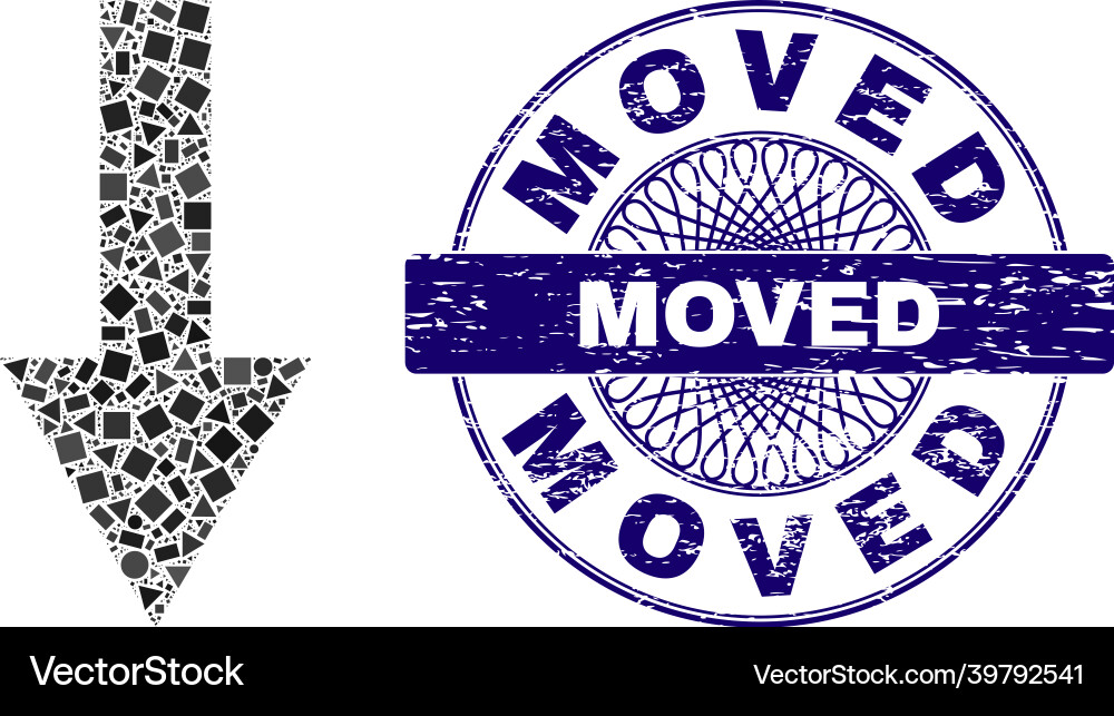 Scratched moved seal and geometric arrow down Vector Image