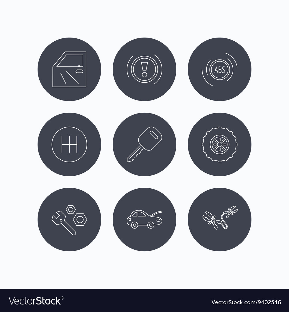 Car key repair tools and manual gearbox icons Vector Image