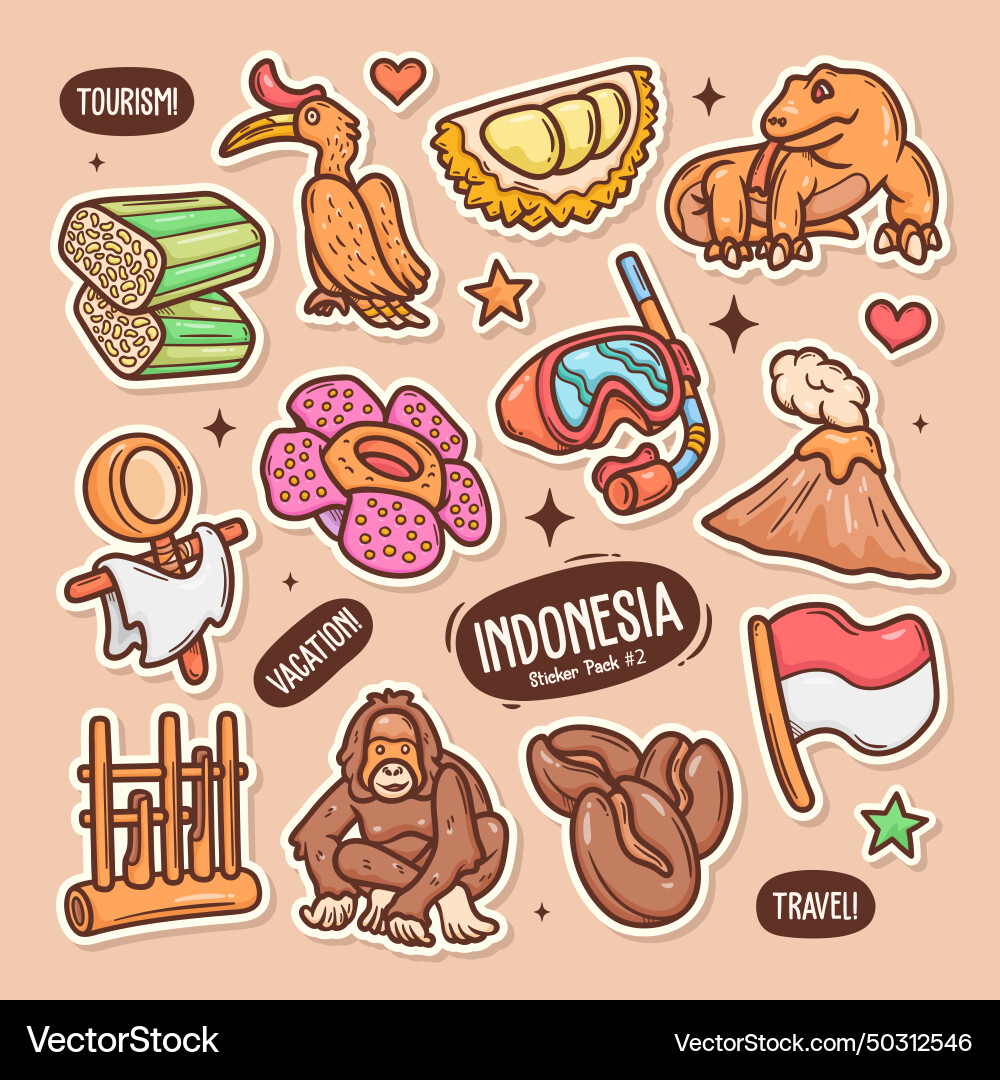 Indonesia cute doodle sticker collection 2 Vector Image