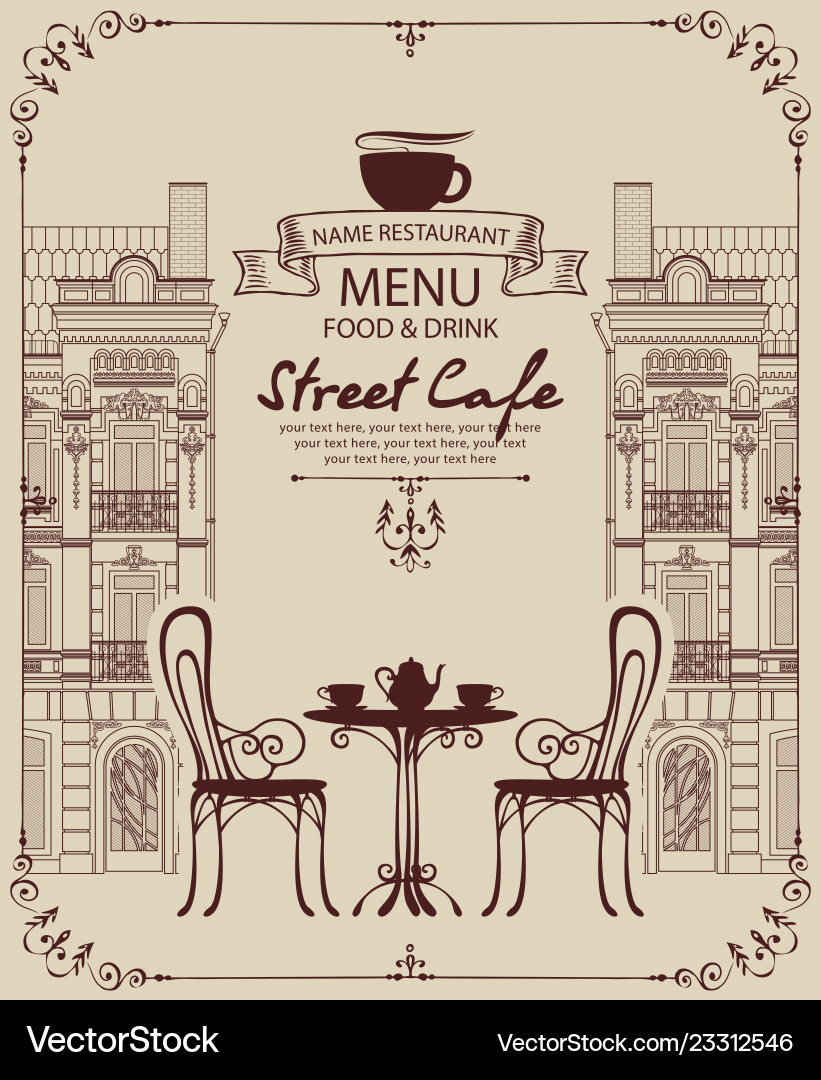 Sidewalk cafe menu with a table in the old town Vector Image