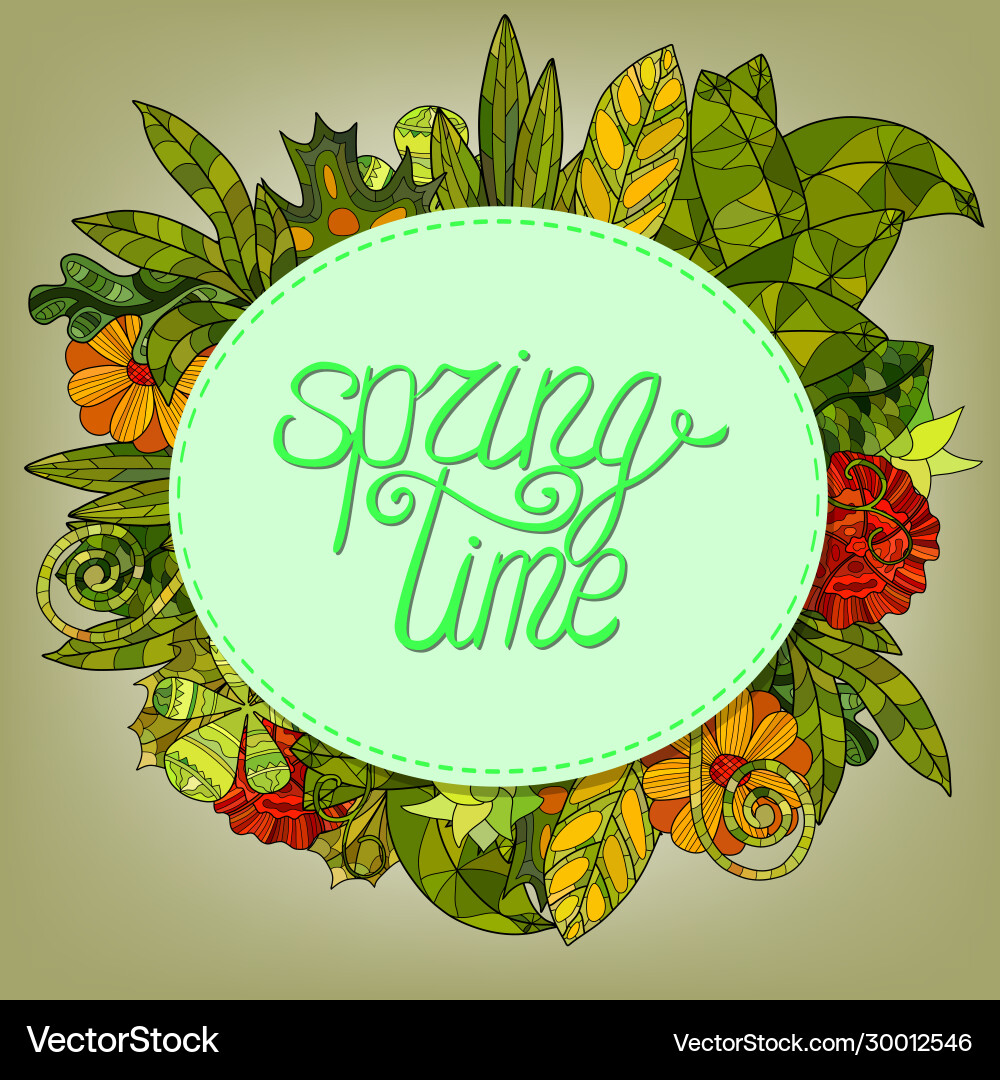 Spring lettering greeting card with cartoon Vector Image