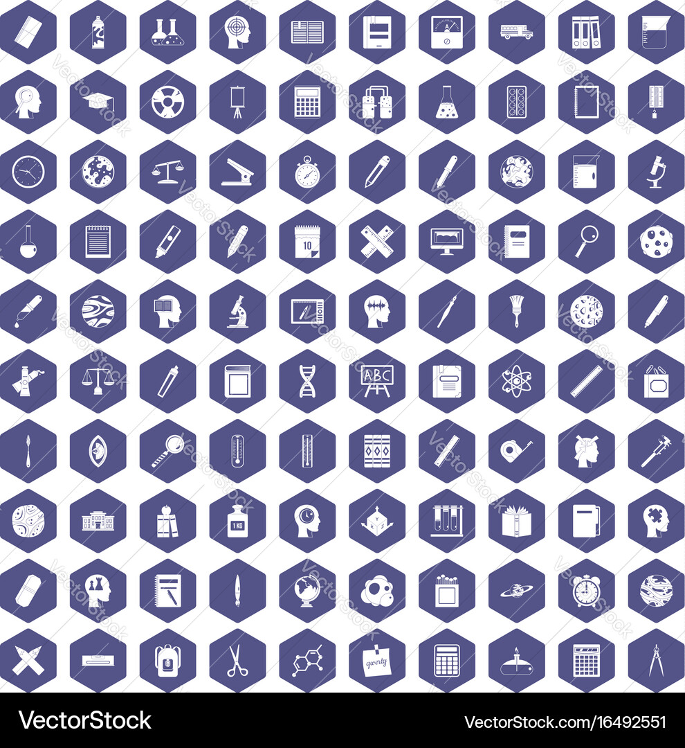 100 learning icons hexagon purple Royalty Free Vector Image