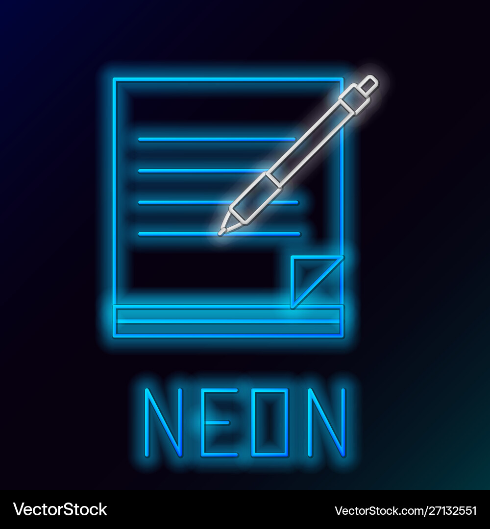 Blue glowing neon line blank notebook and pen icon