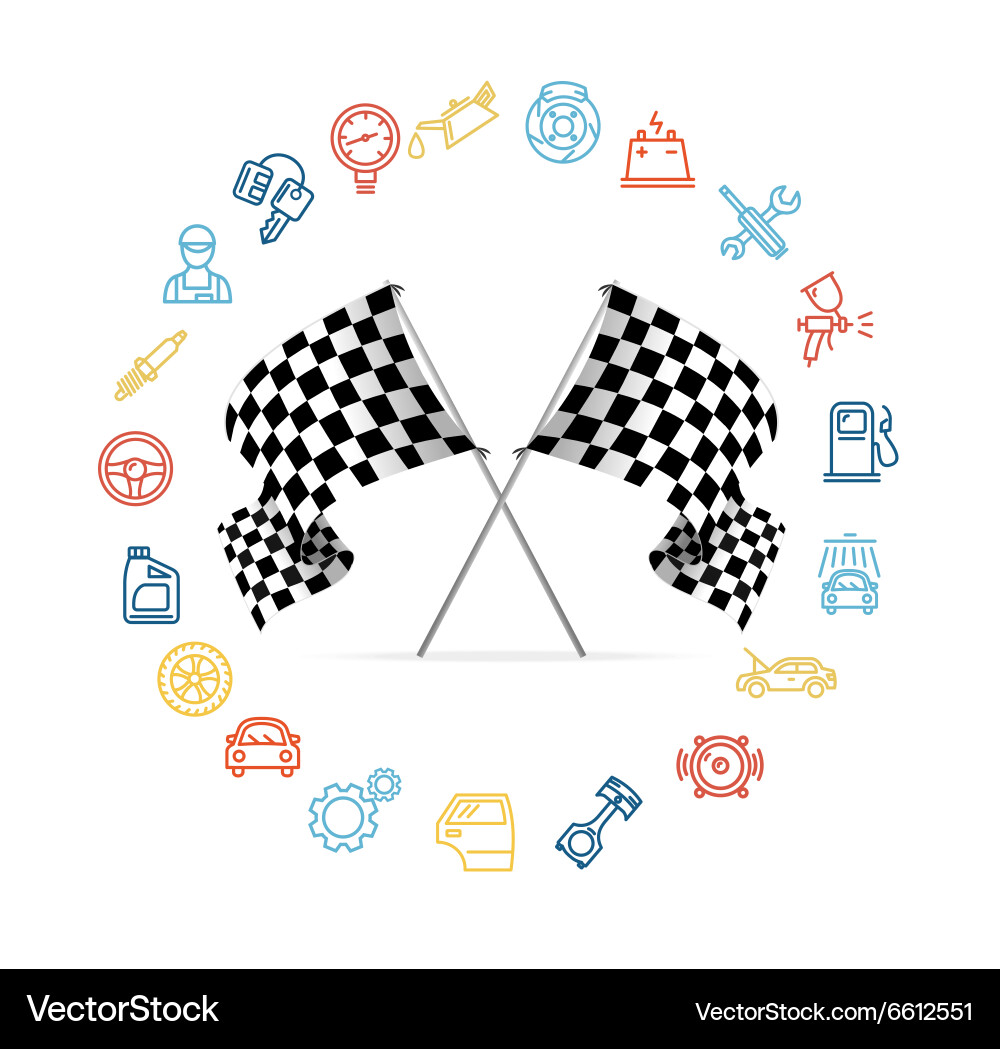 Car Icon Set and Checkered Flags Motor Racing Vector Image