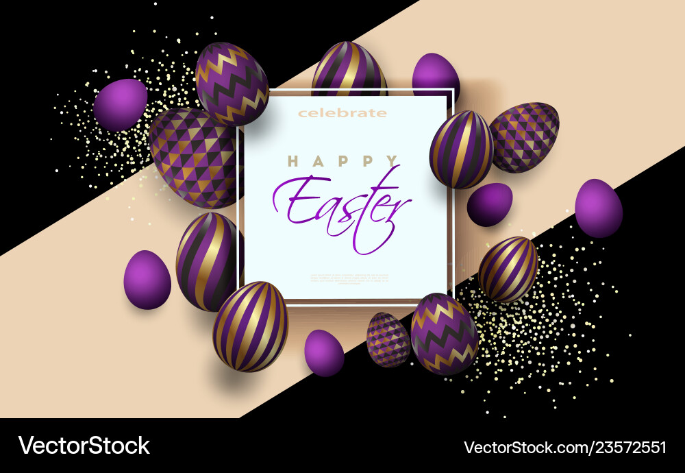 Easter card with square frame golden purple Vector Image