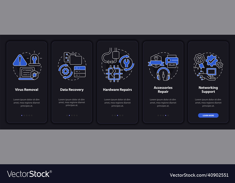 Types Of Repairs Night Mode Onboarding Mobile App Vector Image