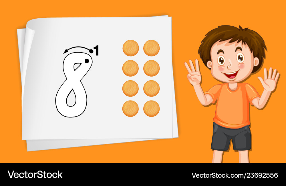 Boy with number eight tracing worksheets Vector Image