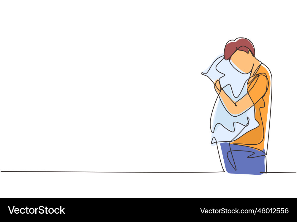 Single continuous line drawing tired male hugs Vector Image