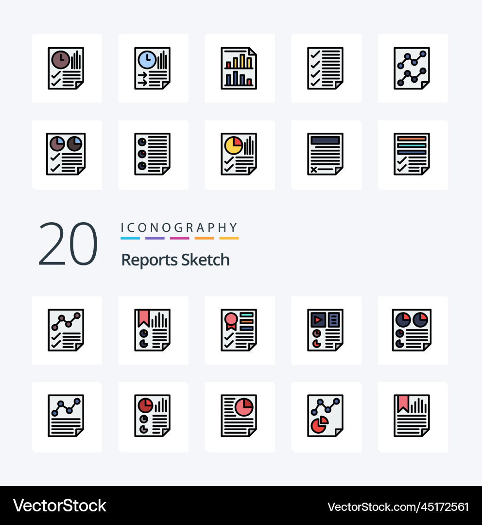 20 reports sketch line filled color icon pack Vector Image