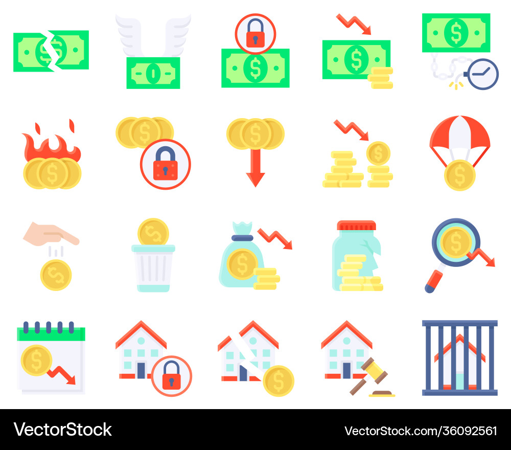Bankruptcy related icon set flat style Royalty Free Vector