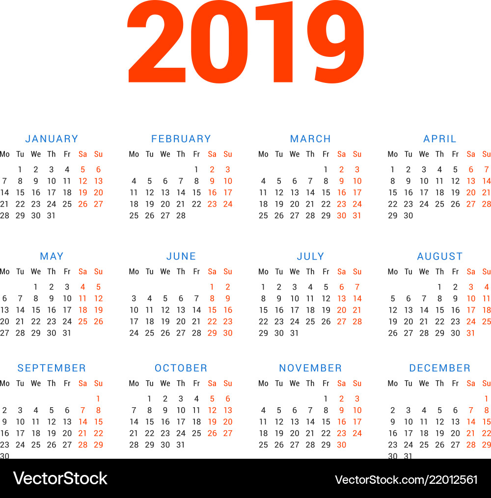 Calendar for 2019 year on white background week Vector Image