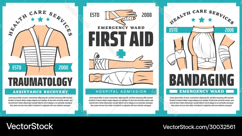 First aid and trauma wound bandaging posters Vector Image
