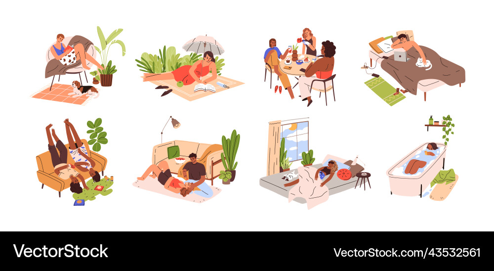 People resting relaxing on weekends set home Vector Image