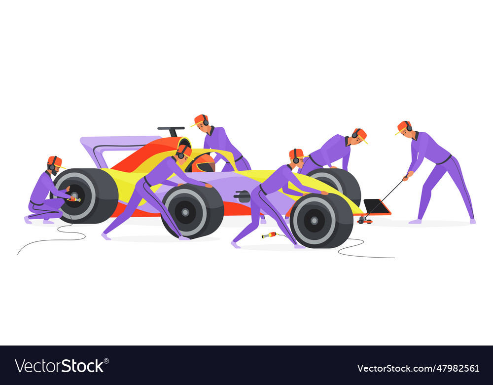Pit stop crew at work to change tire of car Vector Image