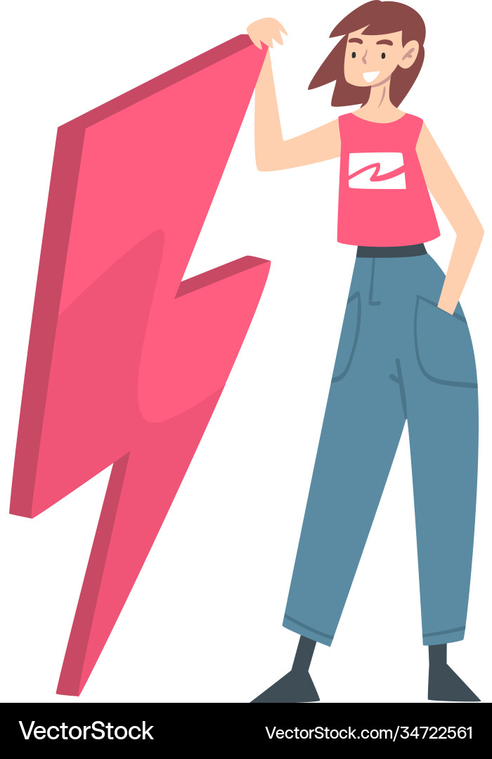 Tiny young woman holding huge lightning cartoon Vector Image