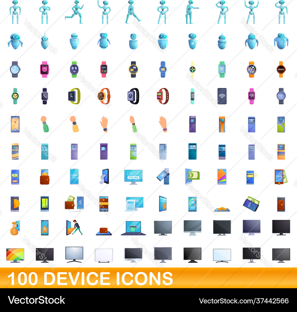100 device icons set cartoon style Royalty Free Vector Image