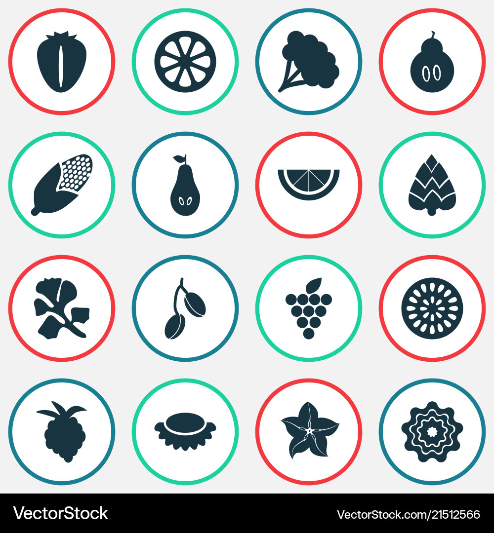 Fruit icons set with berry lychees pear Royalty Free Vector