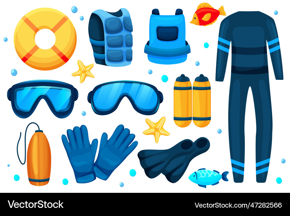 Scuba diving set swimming underwater Royalty Free Vector