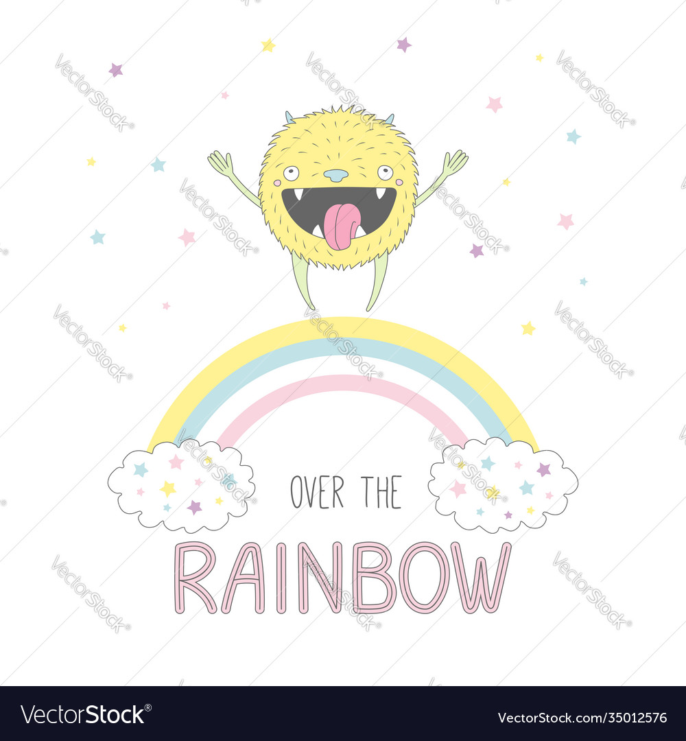 Cute monster jumpimg on rainbow Royalty Free Vector Image