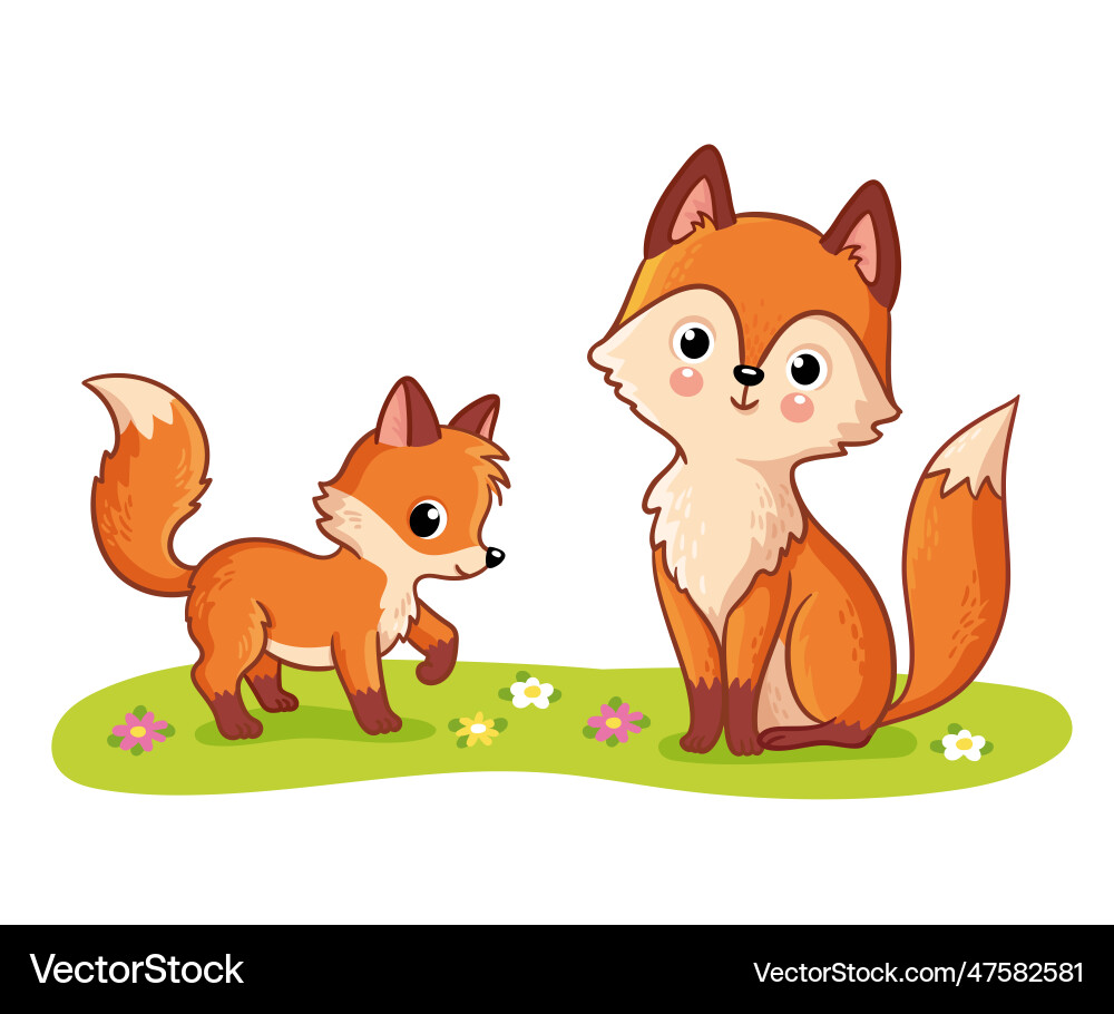 Fox with a cub is playing in a green meadow Vector Image