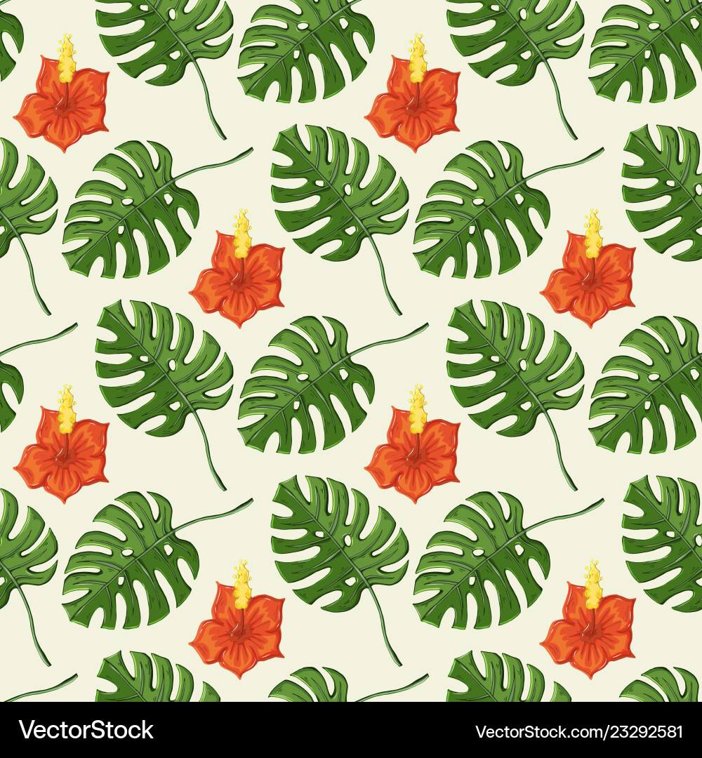 Tropical pattern with monstera leaves and gibiscus