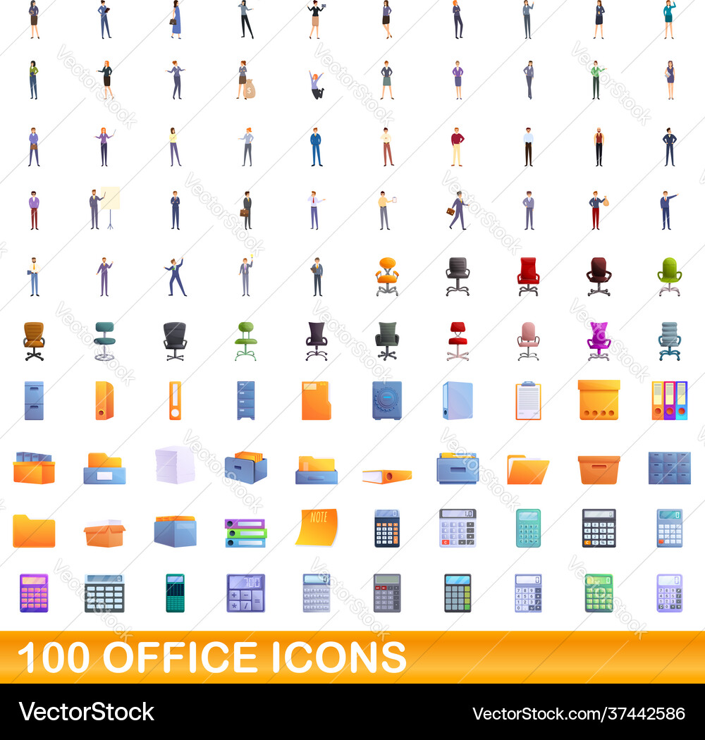100 office icons set cartoon style Royalty Free Vector Image