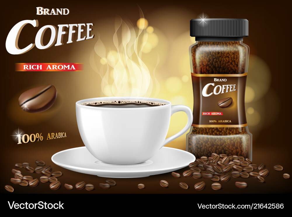 Black instant coffee cup and beans ads design 3d Vector Image