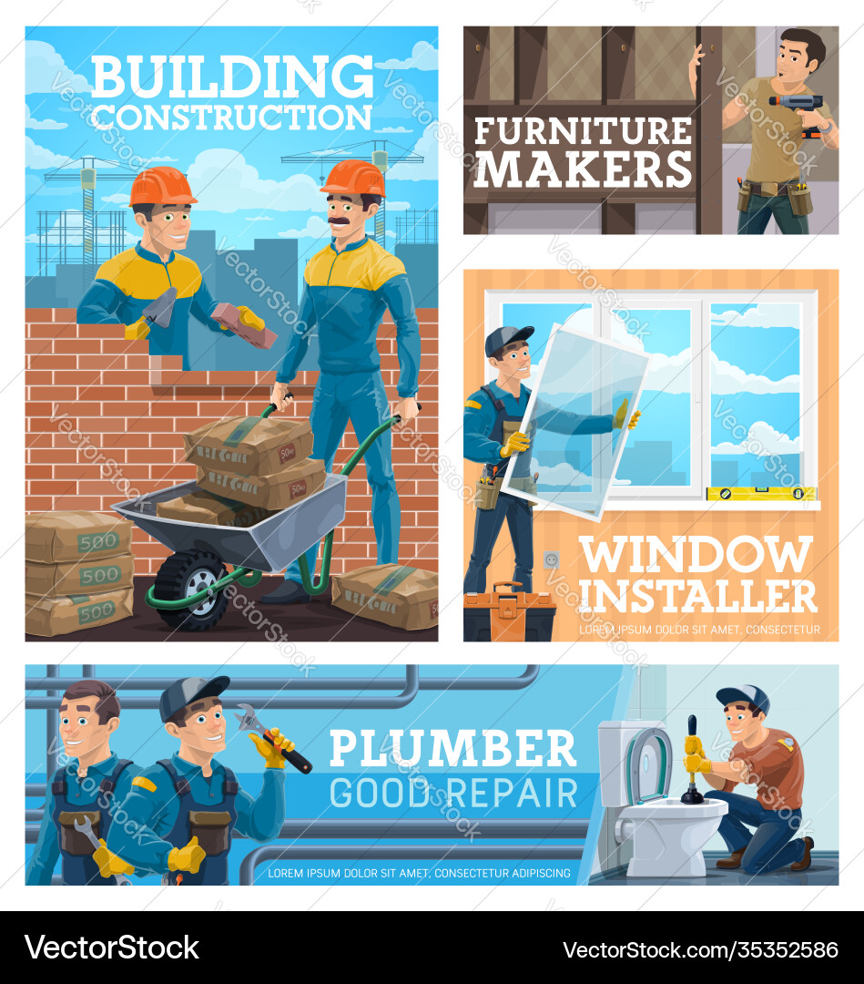 Construction workmen house repair handyman poster Vector Image