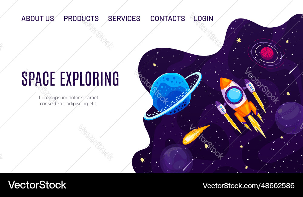Galaxy space adventure landing page with spaceship