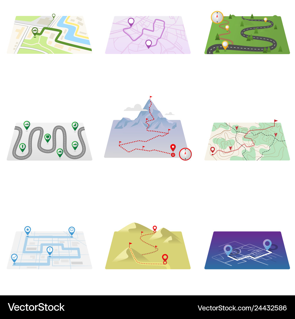 Gps icons and route map set isolated on white Vector Image