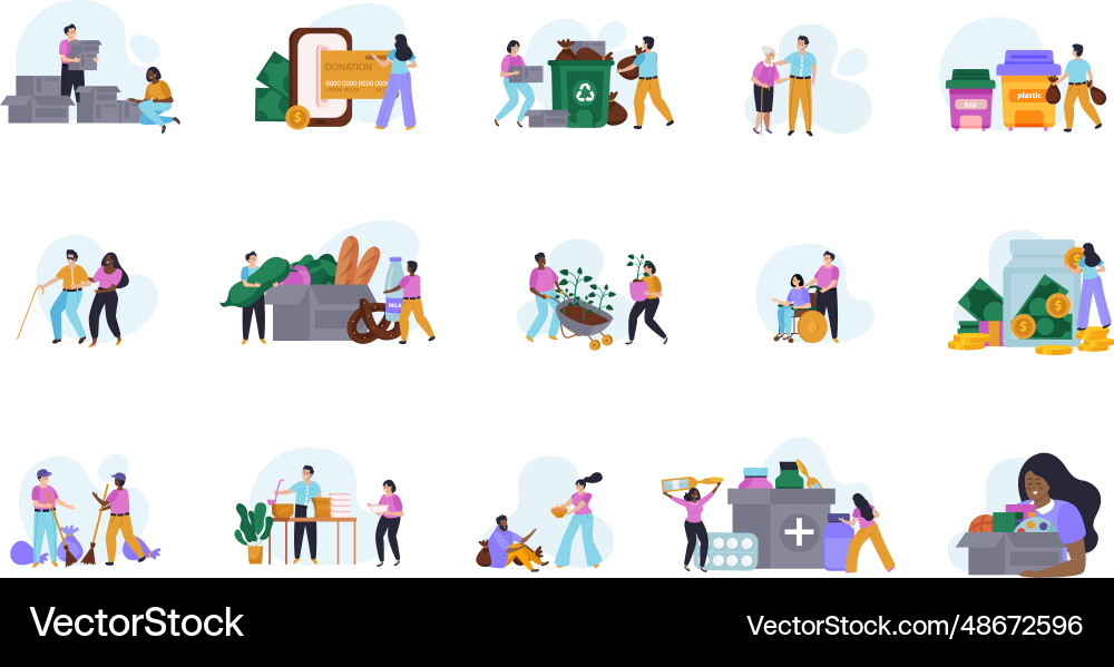 Donation and volunteer work flat recolor icon set Vector Image