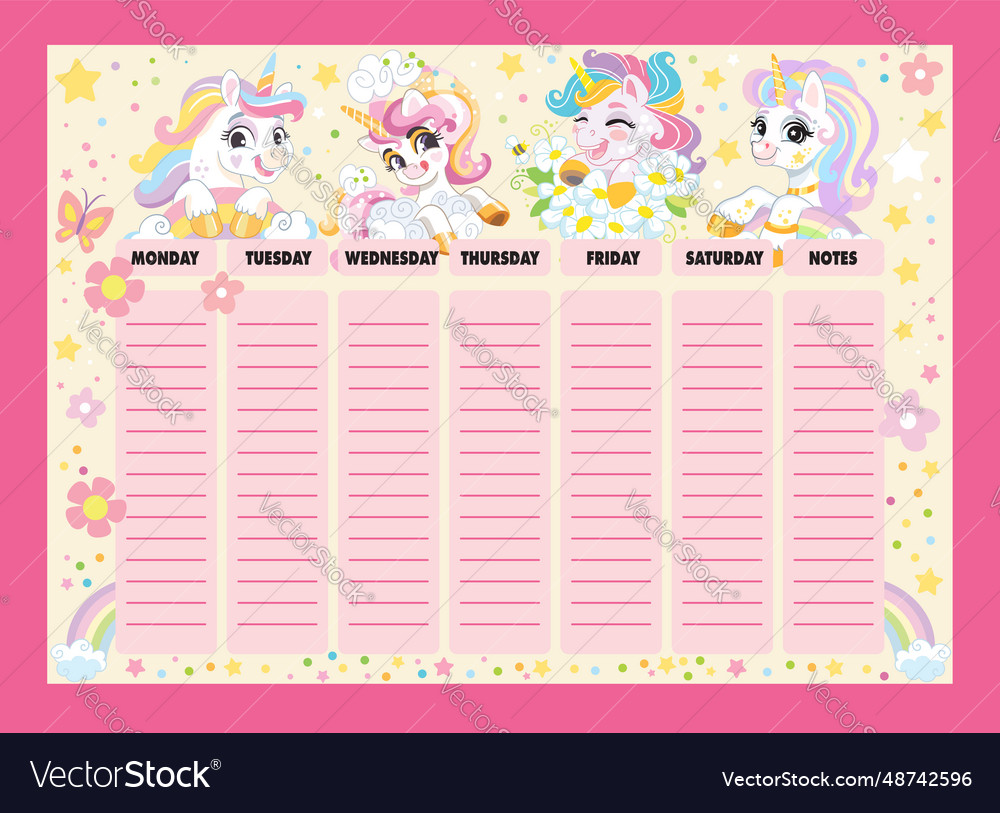 Printable cute magic four unicorns weekly planner Vector Image
