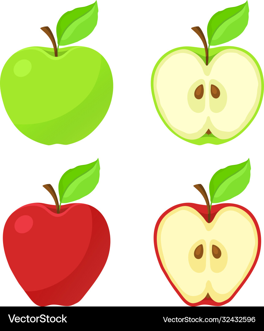 Set red and green apples their pieces Royalty Free Vector