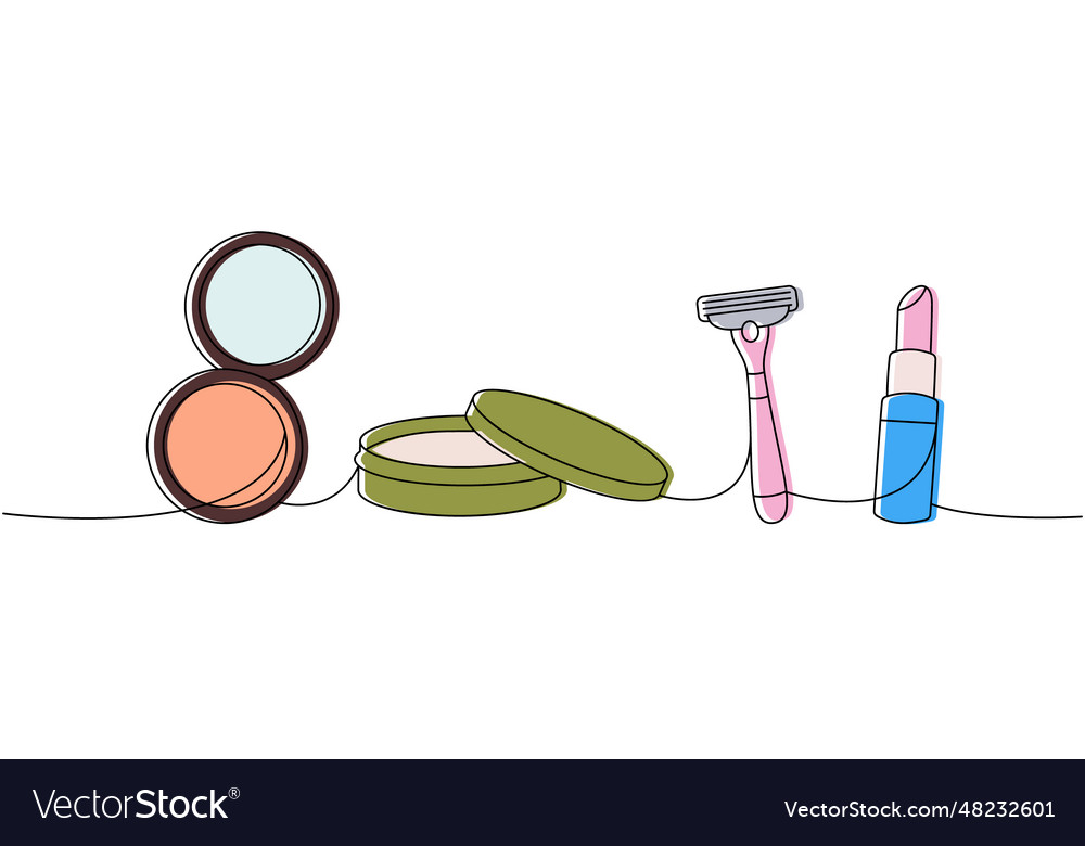 Makeup tools one line colored continuous drawing Vector Image