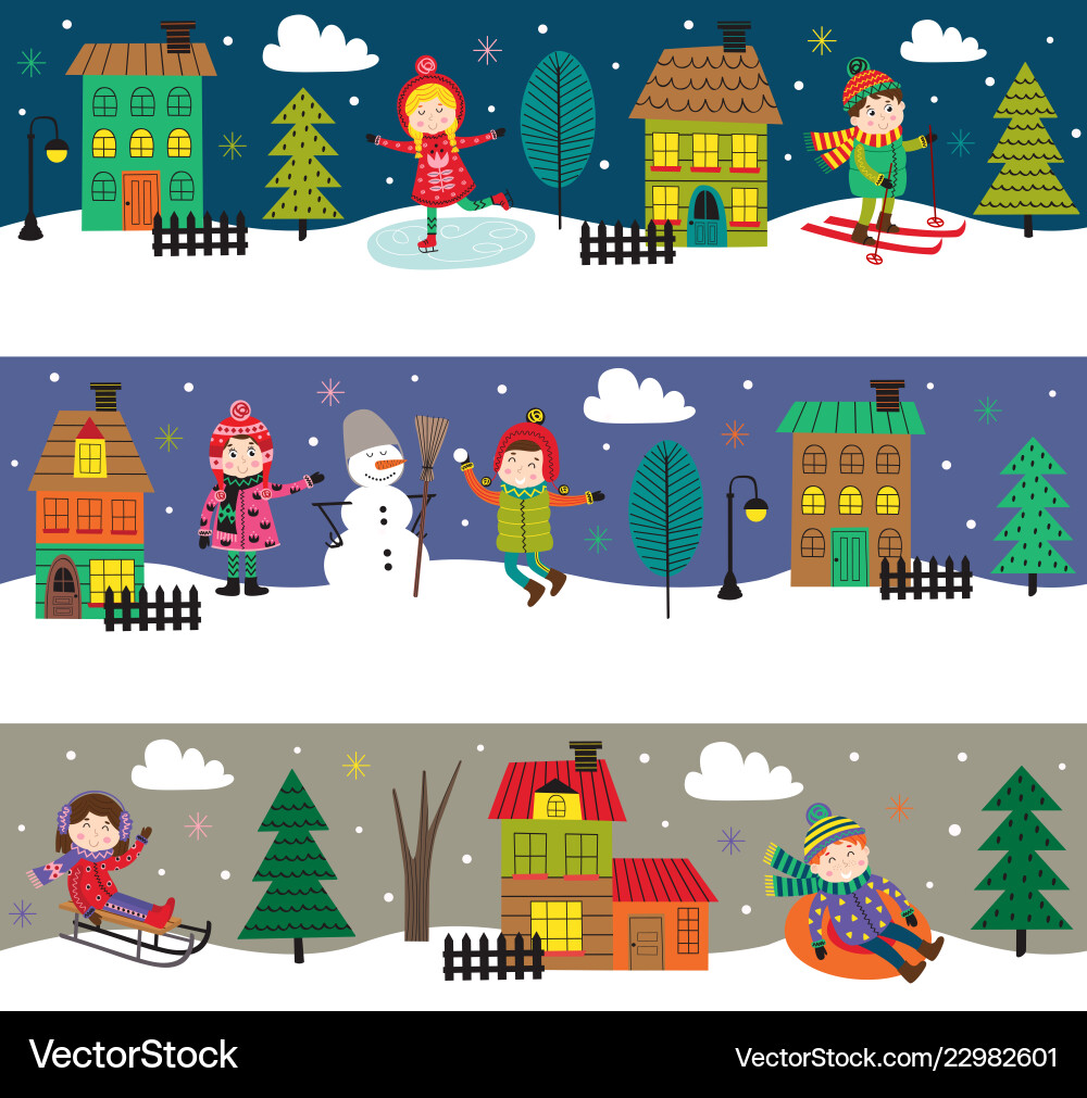 Set horizontal banners with kids in winter time Vector Image