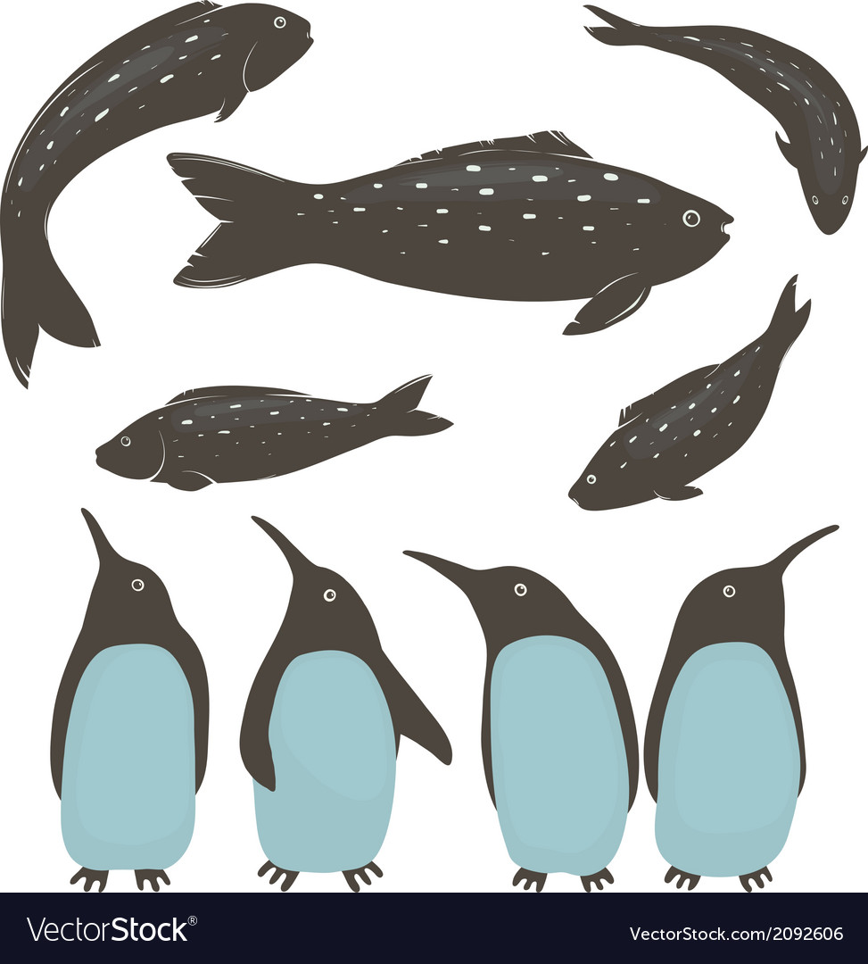 Penguins and fish collection Royalty Free Vector Image