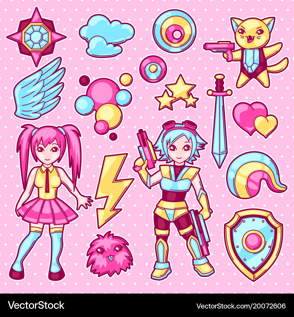 Set japanese anime cosplay objects cute kawaii Vector Image
