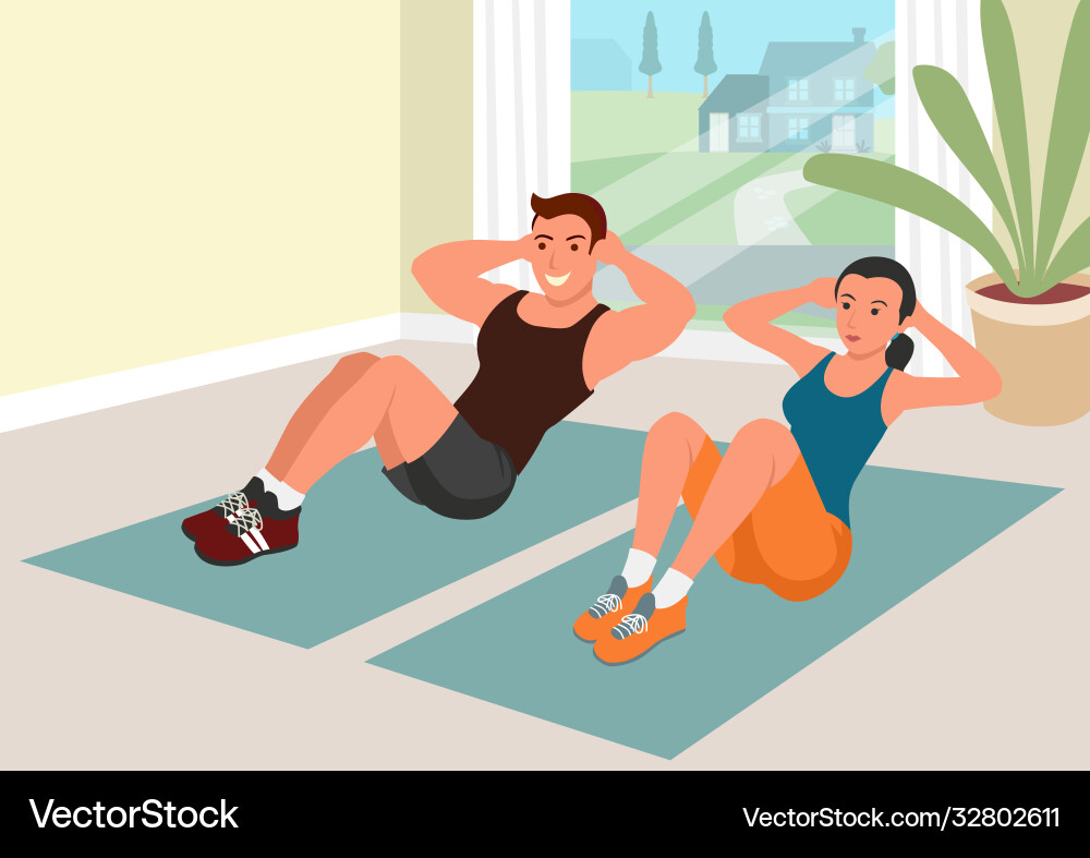 Couple working out together at home during Vector Image