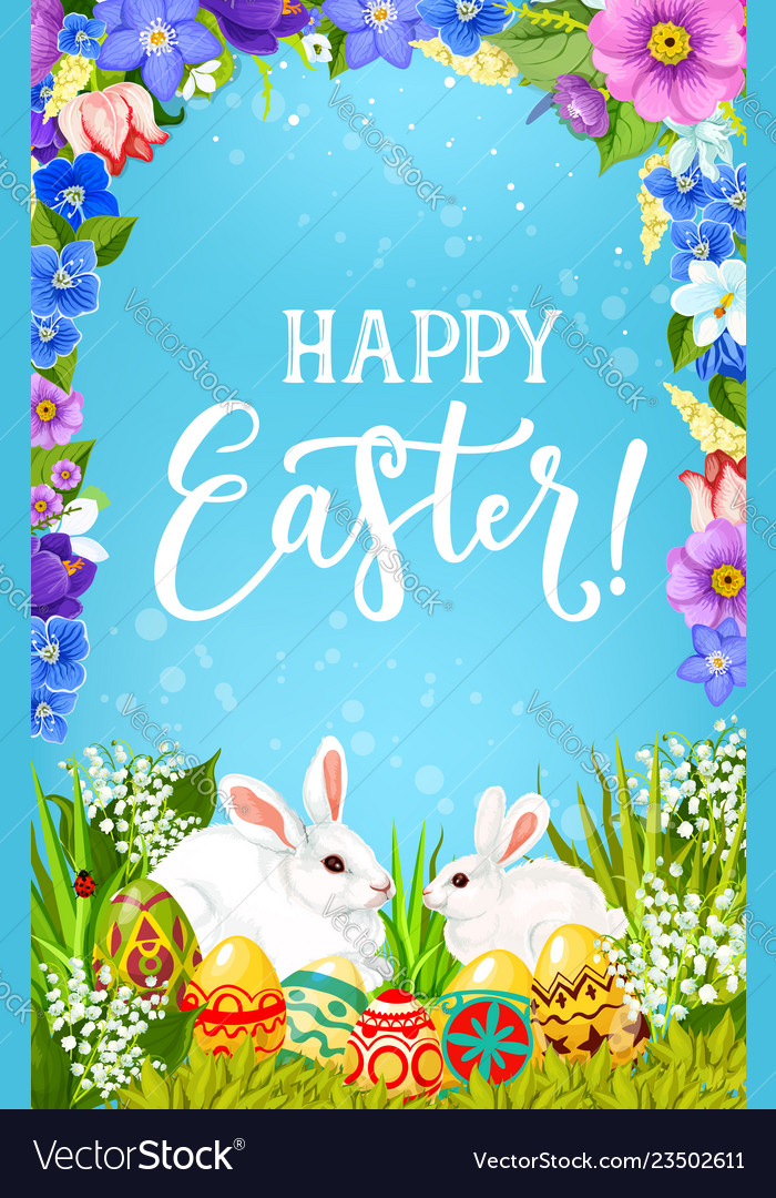 Easter eggs and bunnies in spring flower frame Vector Image