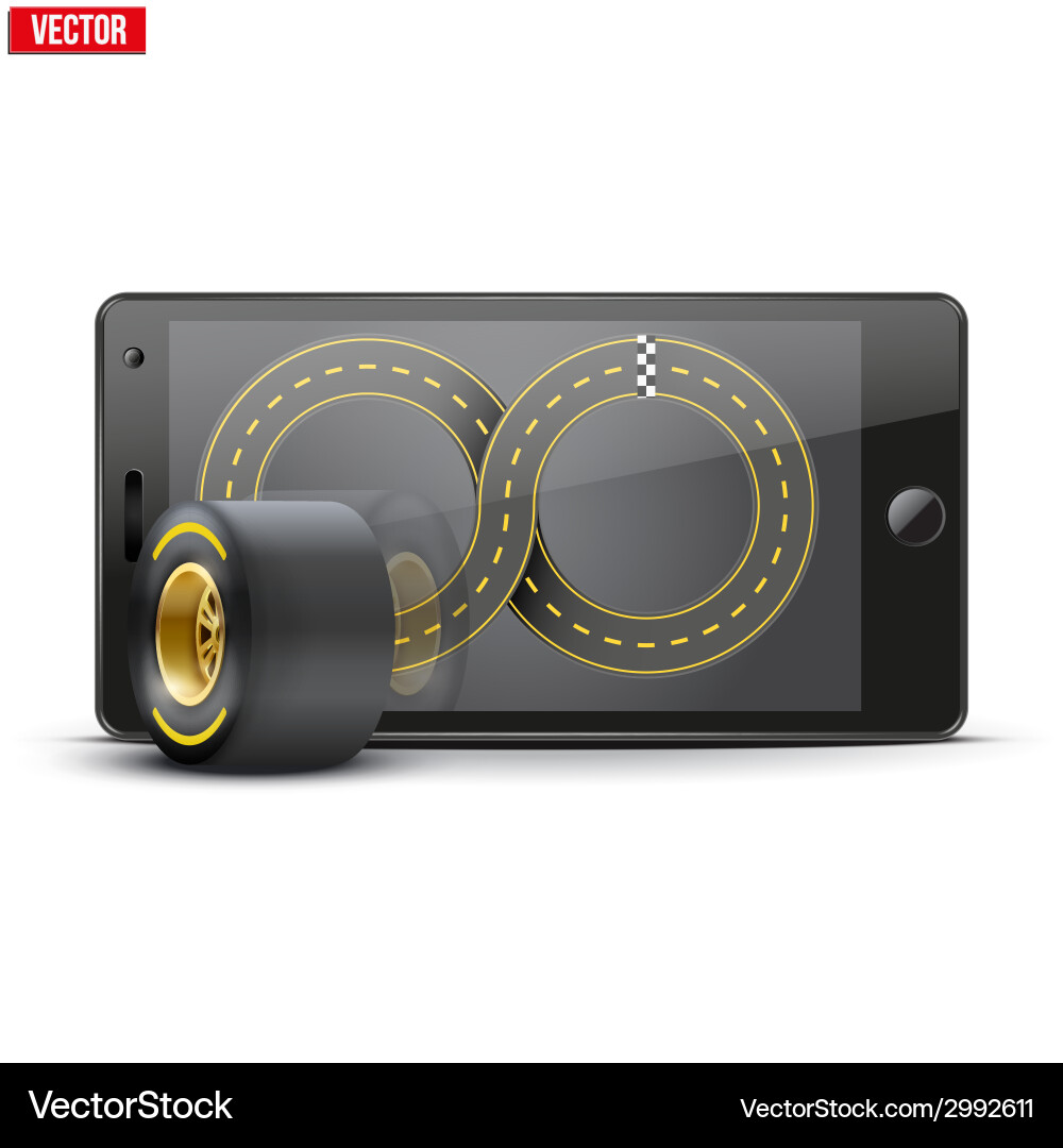 Mobile phone with racing wheel and track Vector Image