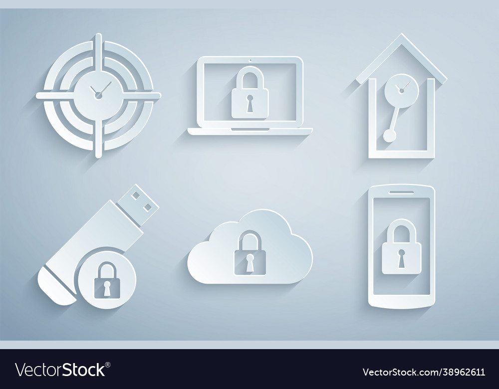 Set Cloud Computing Lock Retro Wall Watch Usb Vector Image