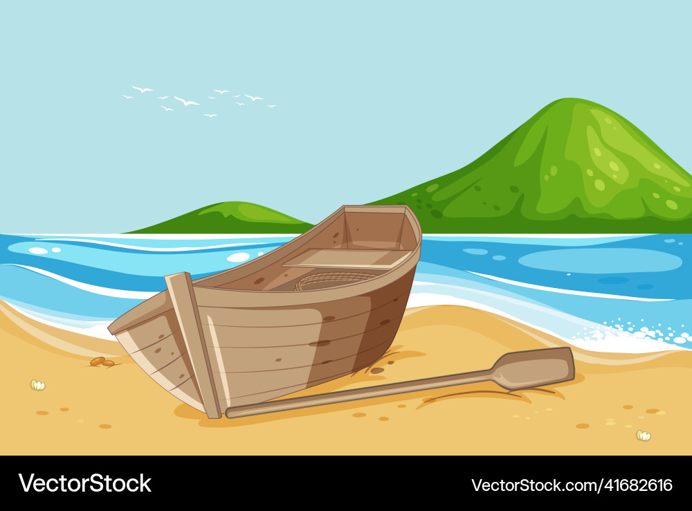 Deserted island with broken boat lying Royalty Free Vector