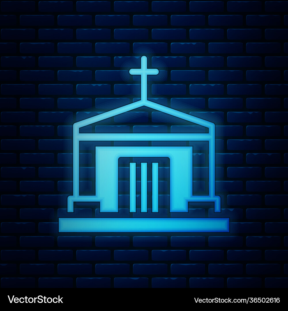 Glowing neon old crypt icon isolated on brick wall