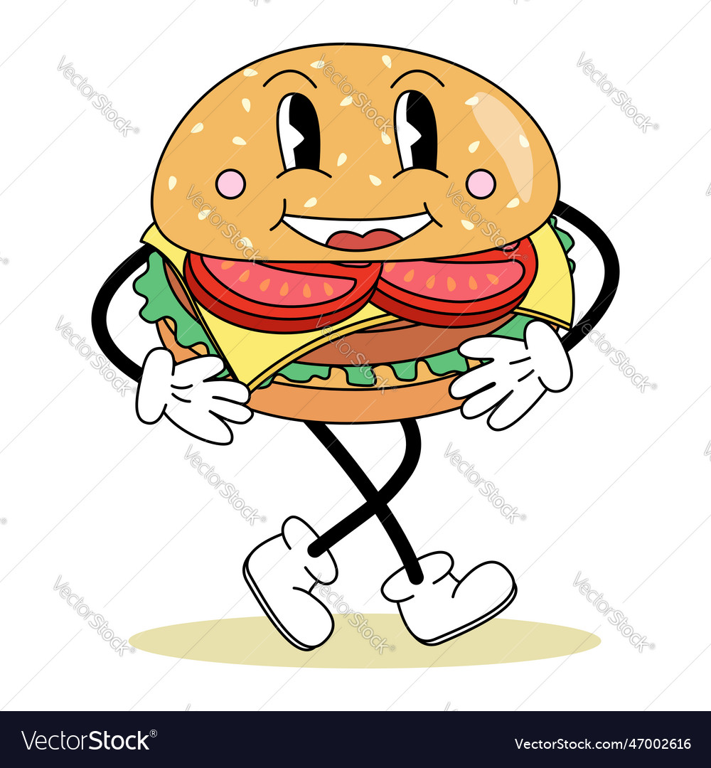 Retro style cute cheeseburger cartoon character Vector Image